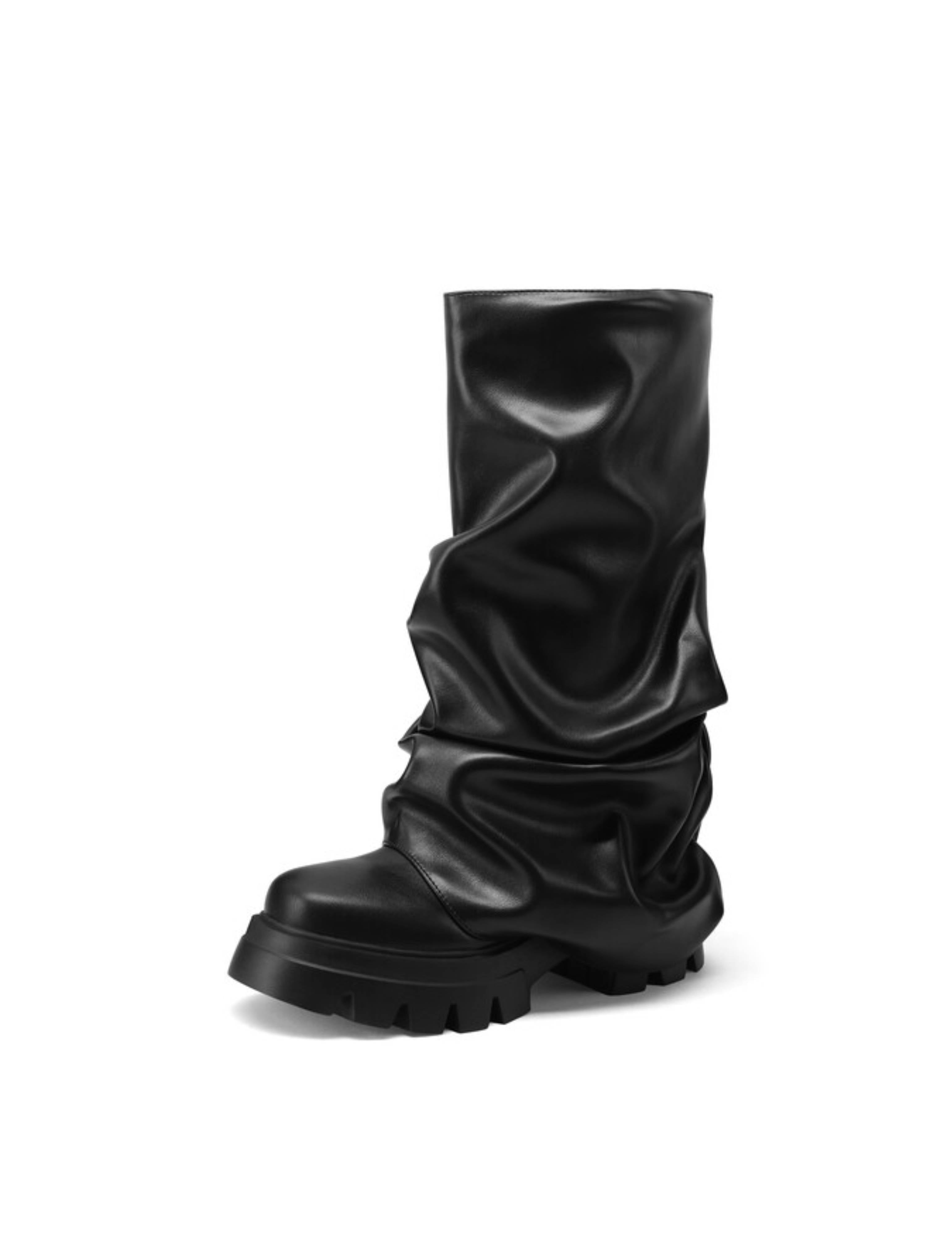 Chic Western Black Slouchy Fold Over Chunky Heels Platform Boots – Wild ...