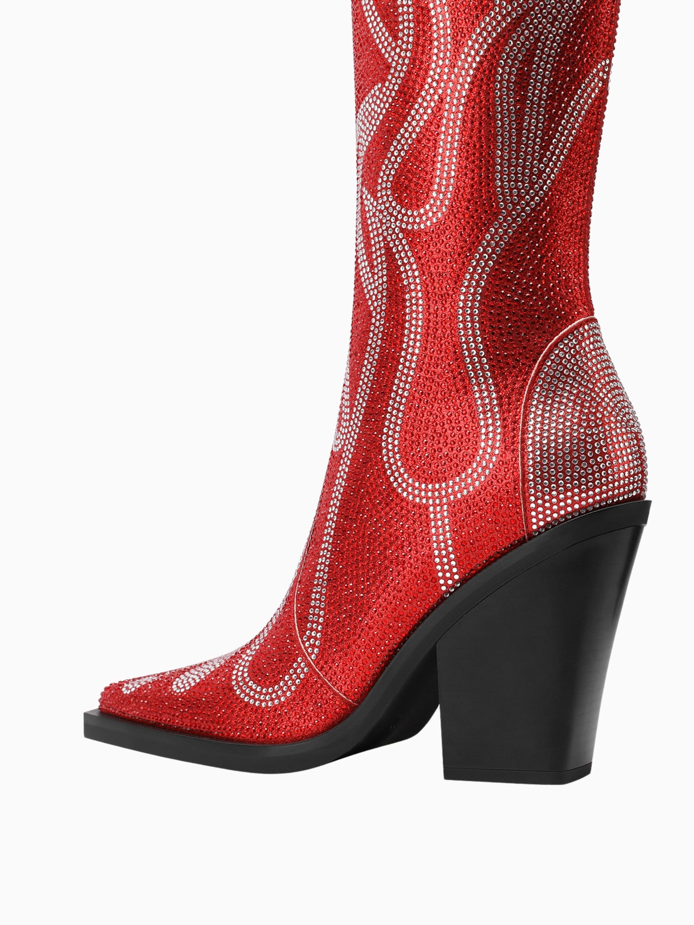 Flame Crystal Rhinestone Knee High Heeled Red Cowgirl Boots – Wild Jolie