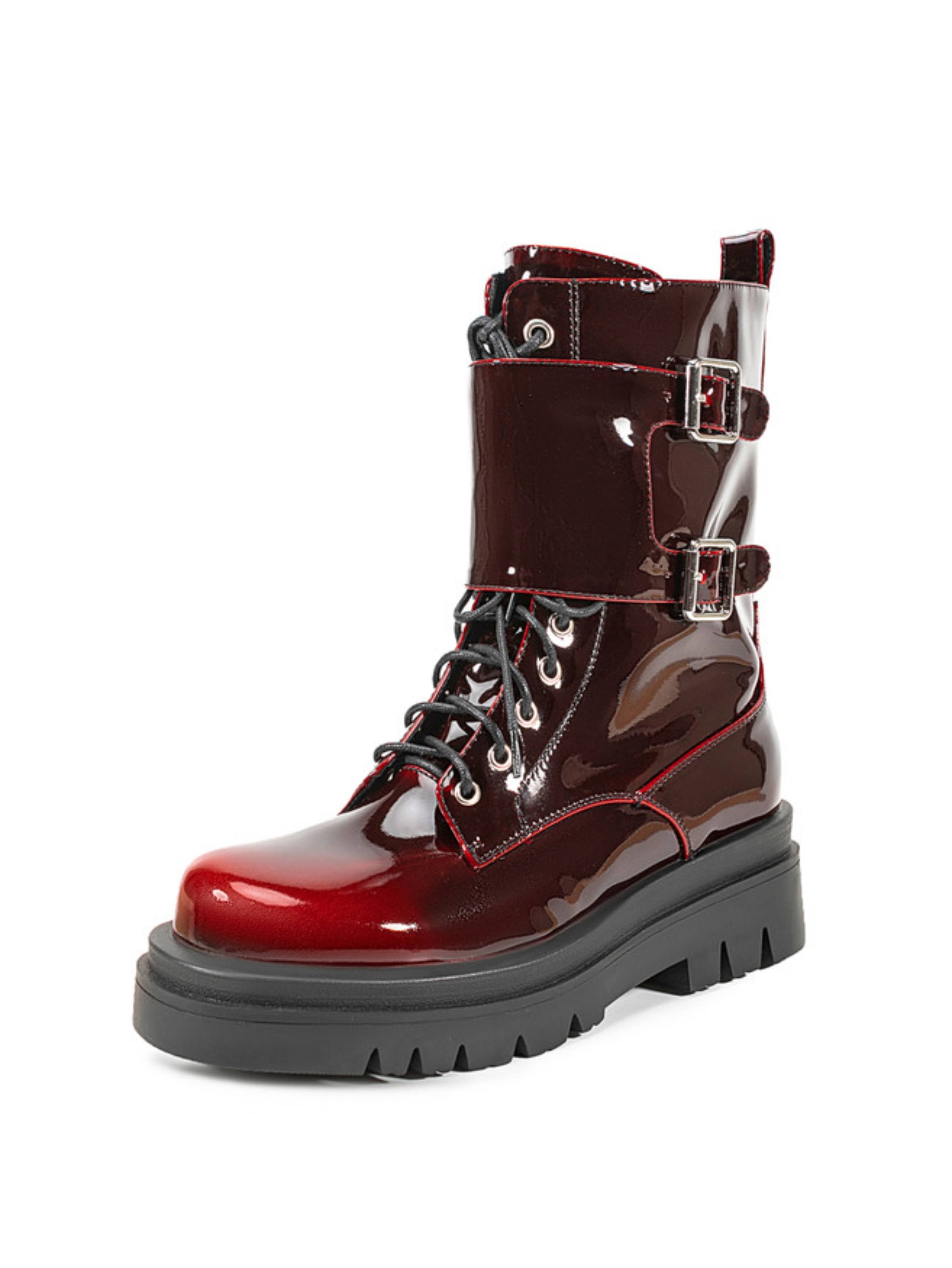 Ombre Red and Black Chunky Heel Lace Up Buckled Combat Boots – Wild Jolie