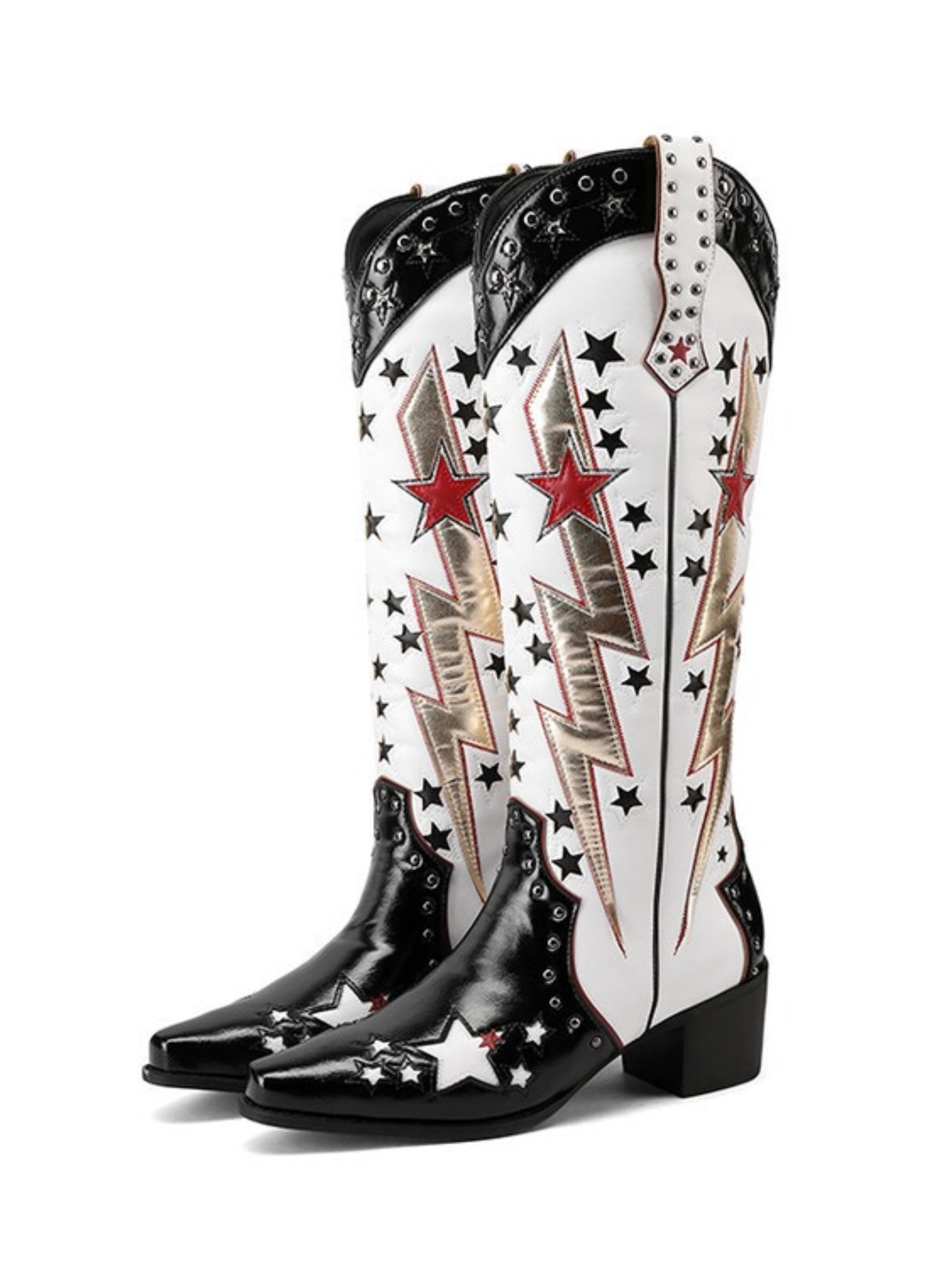 Star Lightning Studded Knee-High Black and White Cowgirl Boots – Wild Jolie