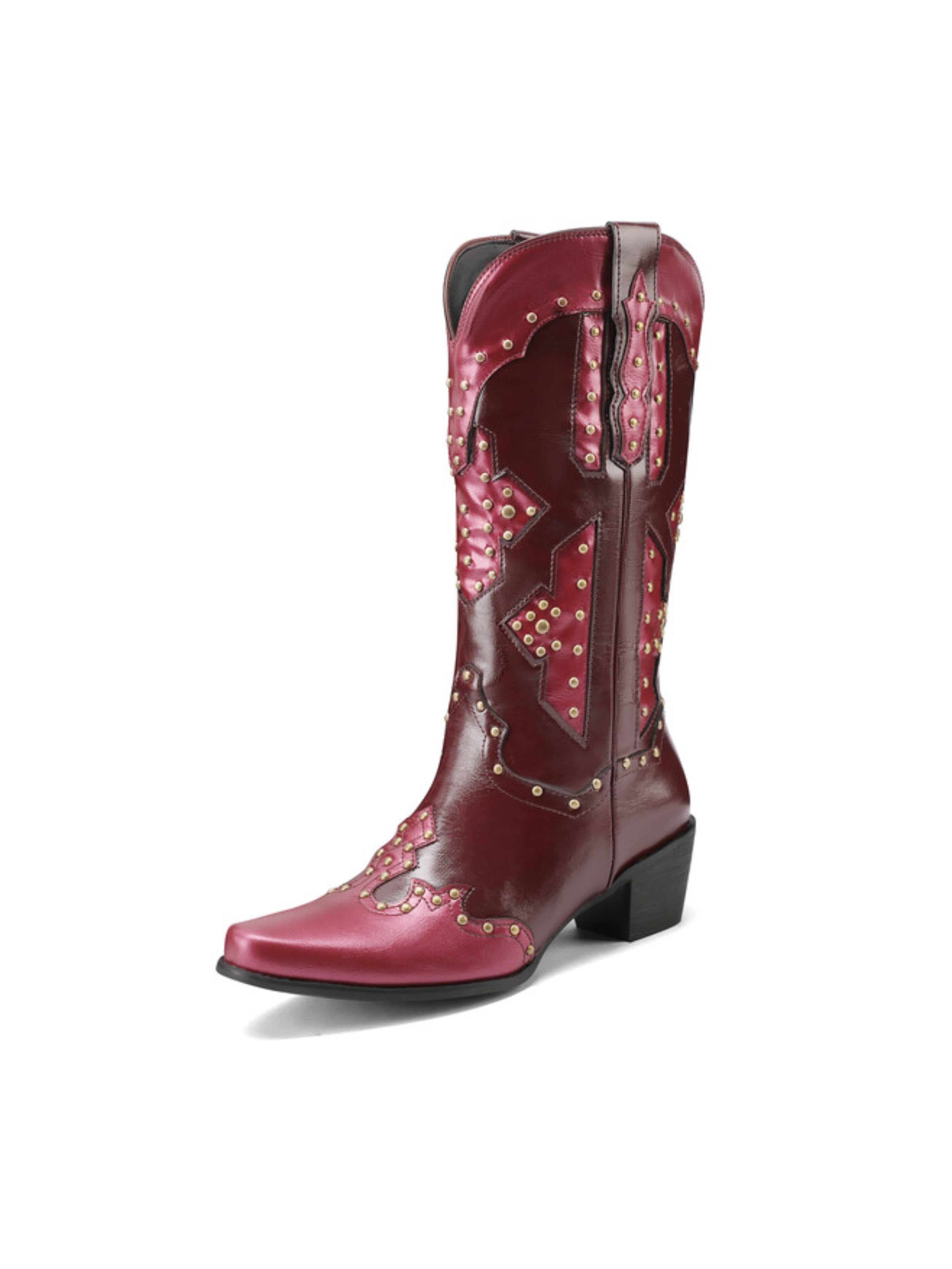 Studded Two-Tone Burgundy Western Heel Cowboy Boots for Women – Wild Jolie