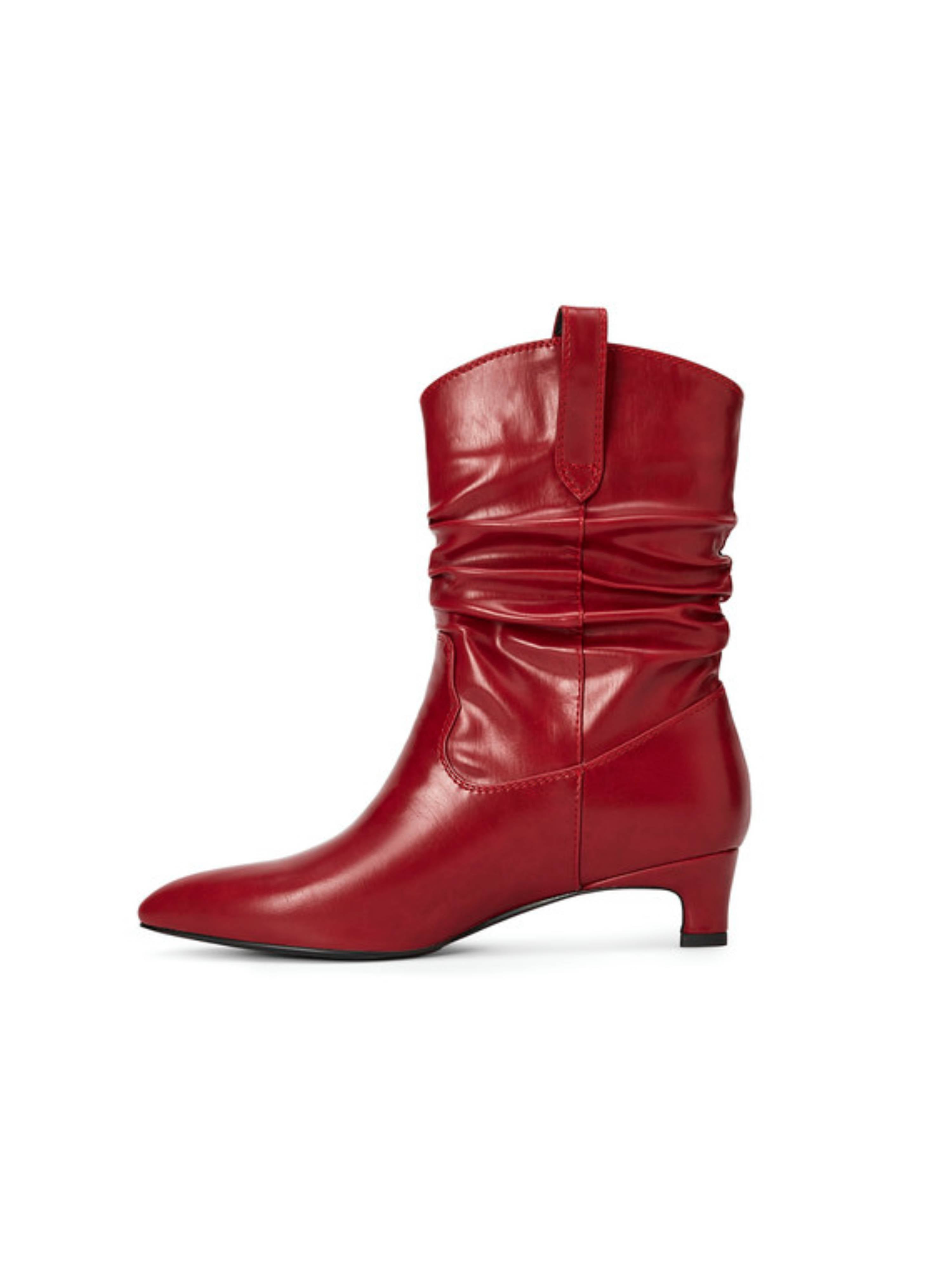 Red Winkled Slouchy Mid Calf Cowgirl Kitten Heel Boots – Wild Jolie